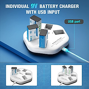 POWXS 9V Rechargeable Battereis Charger and 5 Pack 280mAh 9 Volt Ni-MH Rechargeable Batteries for Smoke Alarms, Guitar, Cameras, Toys & More