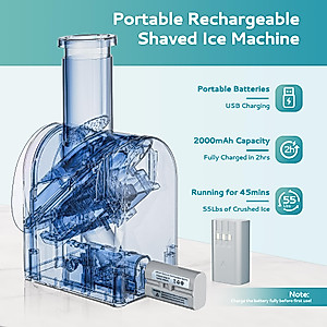 EUHOMY Shaved Ice Machine with Batteries, USB Rechargeable, Crushed Ice in 3s, 45 lbs in 40 Mins, Dual Steel Blades, Easy-to-Clean, Snow Cone Maker with Scraper, for Home/Kitchen/Camping. (White)