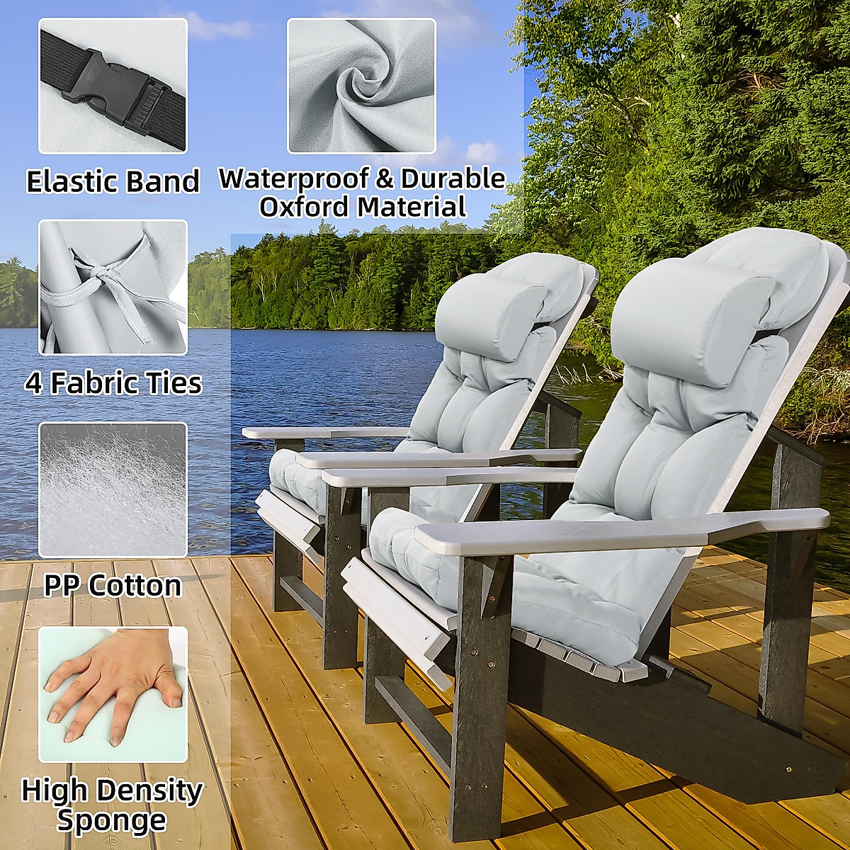 MABOZOO Adirondack Chair Cushions with Adjustable Head Pillow,Waterproof & UV-Proof High Back Patio Chair Cushions,Patio Furniture Pads Seat Cushion Mat for Indoor Outdoor