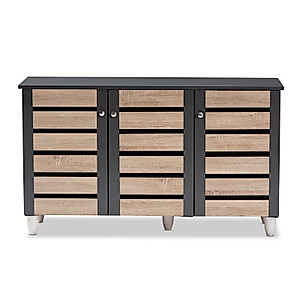 BOWERY HILL Modern and Contemporary Two-Tone Oak Wood 3-Door Shoe Cabinet in Dark Gray