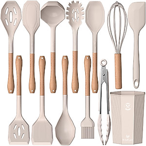 Kitchen Utensils Set- 13 Pcs Cooking Utensils with Tongs, Spoon Spatula &Turner Made of Heat Resistant Food Grade Silicone and Wooden Handles Kitchen Gadgets Tools Set for Nonstick Cookware (Khaki)
