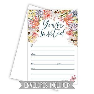 Wildflower Invitations With Envelopes (20 Count) - Floral Boho Garden Theme For Bridal Shower, 1st Birthday, Adult Birthday, Brunch or Baby Shower