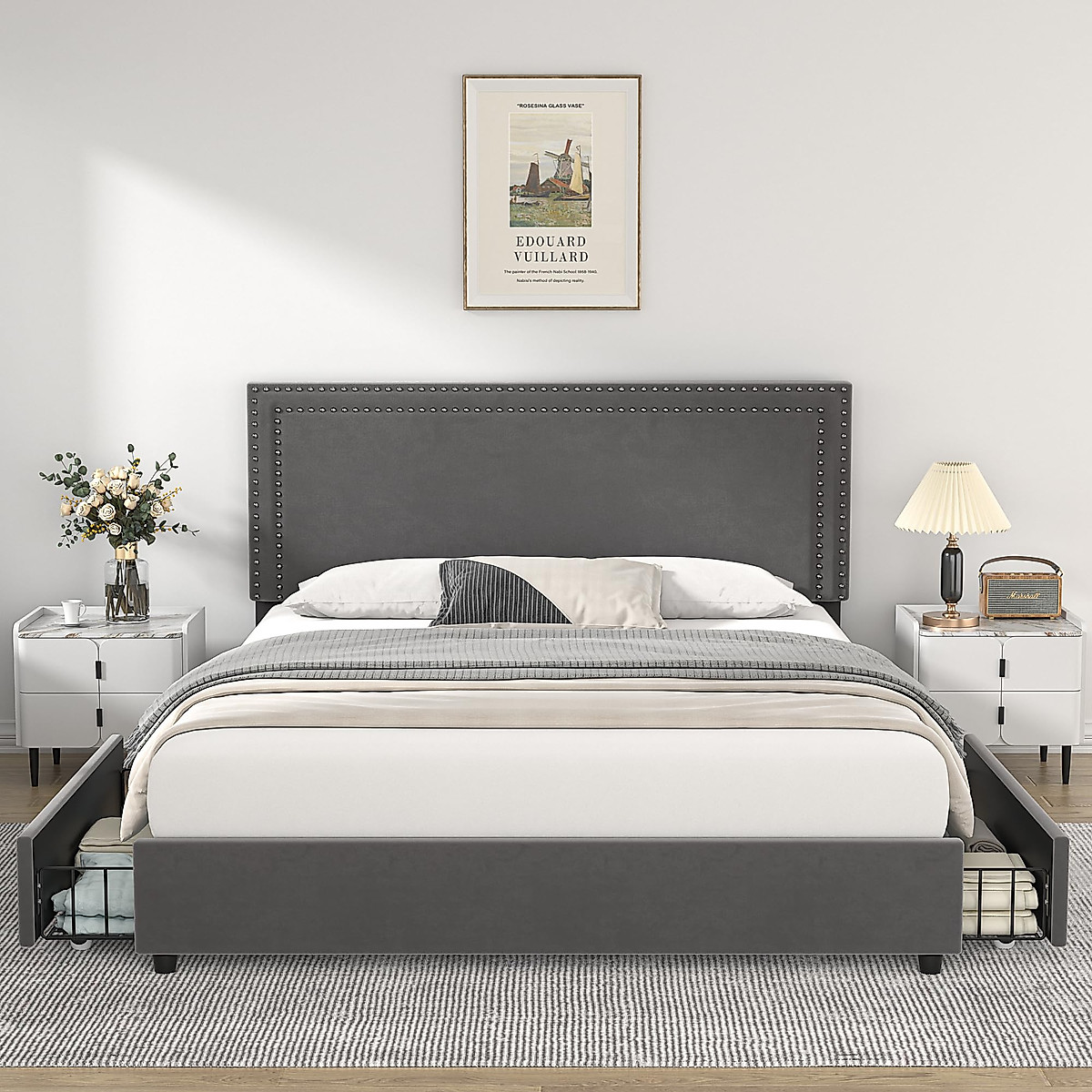 VECELO Queen Size Upholstered Platform Bed Frame with 4 Storage Drawers, Adjustable Velvet Rivets Headboard, Wooden Slats Support, No Box Spring Needed, Easy Assembly