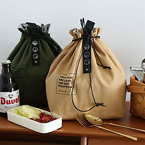 Canvas Drawstring Lunch Bag Insulated Lunch Tote Japanese Style Bento Tote Bag Reusable Lunch Bag Insulated Handbag Tote bag with Handle and Drawstring Closure for Women Work Picnic or Travel(YELLOW)