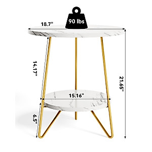 LITTLE TREE 2 Tier Faux Marble End Table Round Side Table with Shelves Small Coffee Accent Table for Living Room, White and Gold