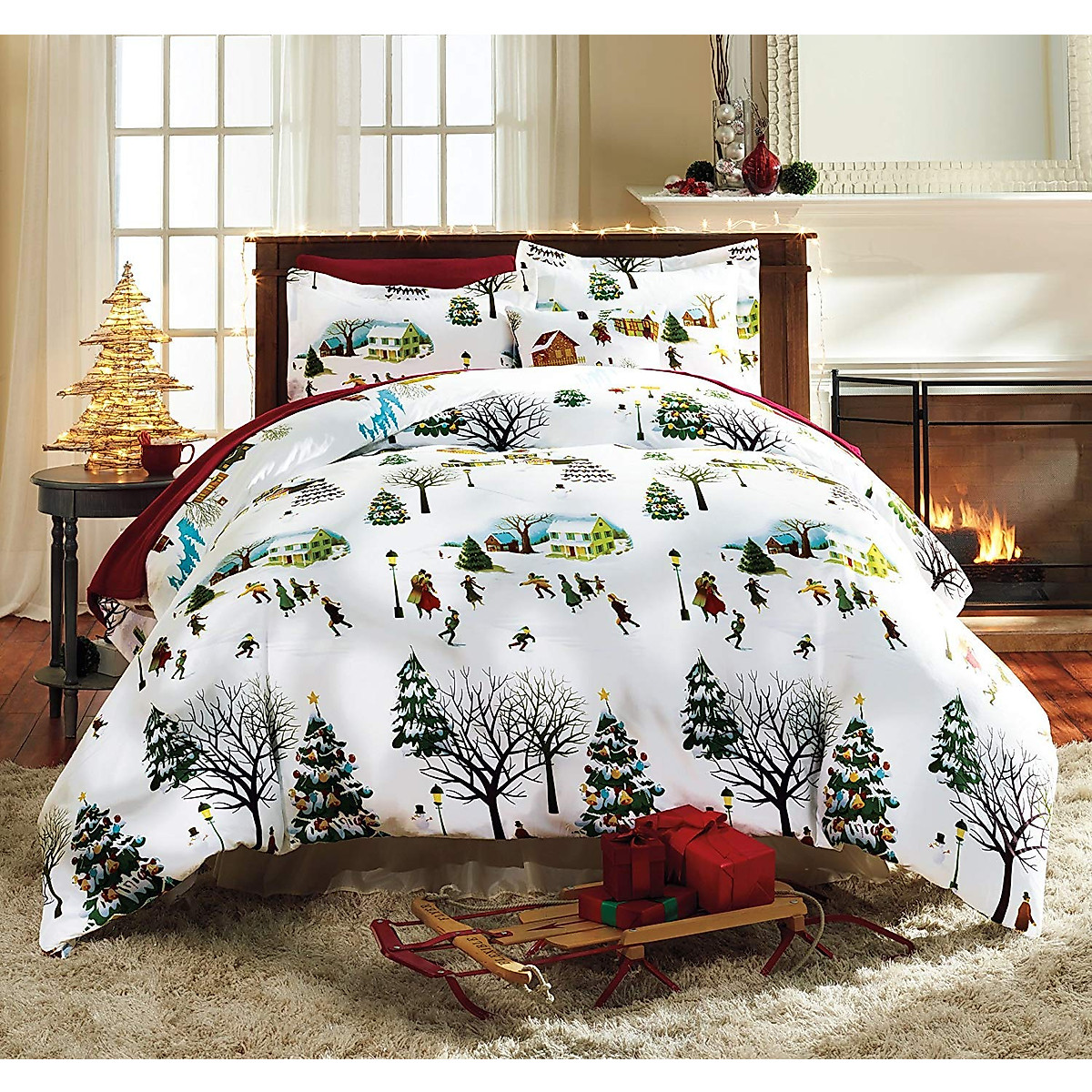 Bits and Pieces - Christmas Village King Duvet Bedding Set - Soft Microfiber Reversible Comforter Cover, Christmas Printed Pattern, Easy-Care with Matching Standard Shams