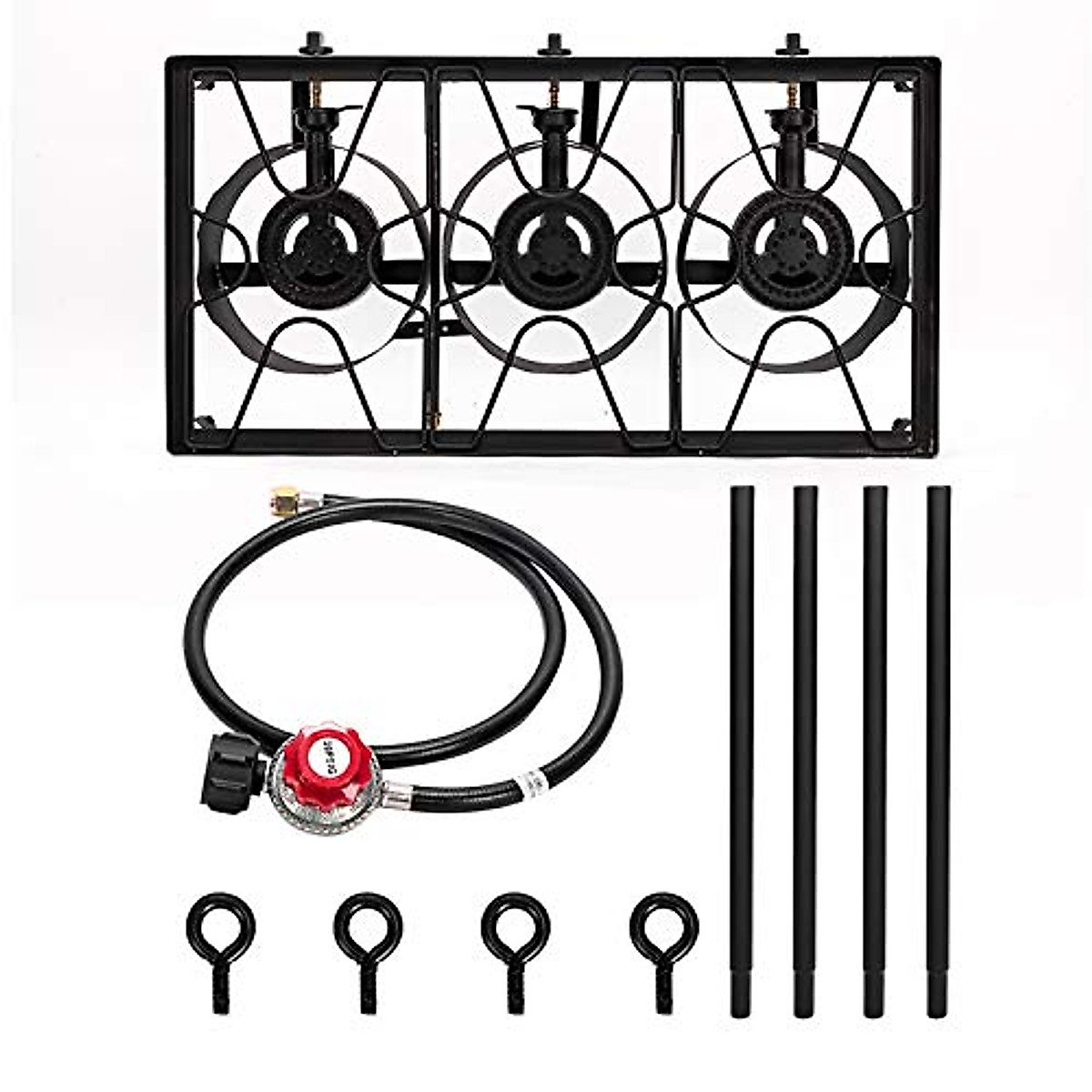 Propane Burner Stove, Propane Gas Cooker, Outdoor Camp Stove High Pressure Propane Burner Adjustable PSI Regulator and 4ft Leather Braided Hose (Three Burner 225000-BTU)