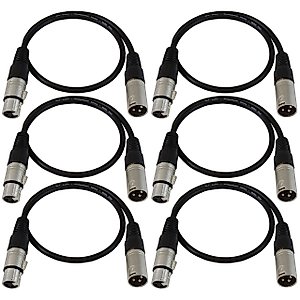GLS Audio 2ft Patch Cable Cords - XLR Male to XLR Female Black Cables - 2' Balanced Snake Cord - 6 PACK