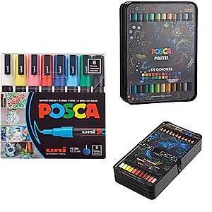 POSCA 8-Color Paint Marker Set, PC-3M Fine Point + POSCA Heat Pliable Oil & Wax Based Pastels Pack with 24 Colors + POSCA Oil & Wax Based Pencil Pack with Extra Strength Tips, 36 Colors