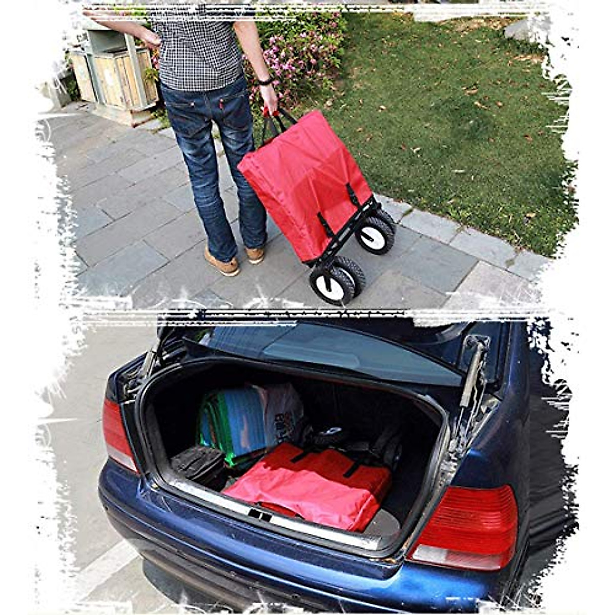 Suuim Collapsible Folding Wagon, Folding Wagon All Terrain Collapsible Utility Truck with Push Bar - Portable Rolling Heavy Duty 330 Lb Capacity Cart Buggy