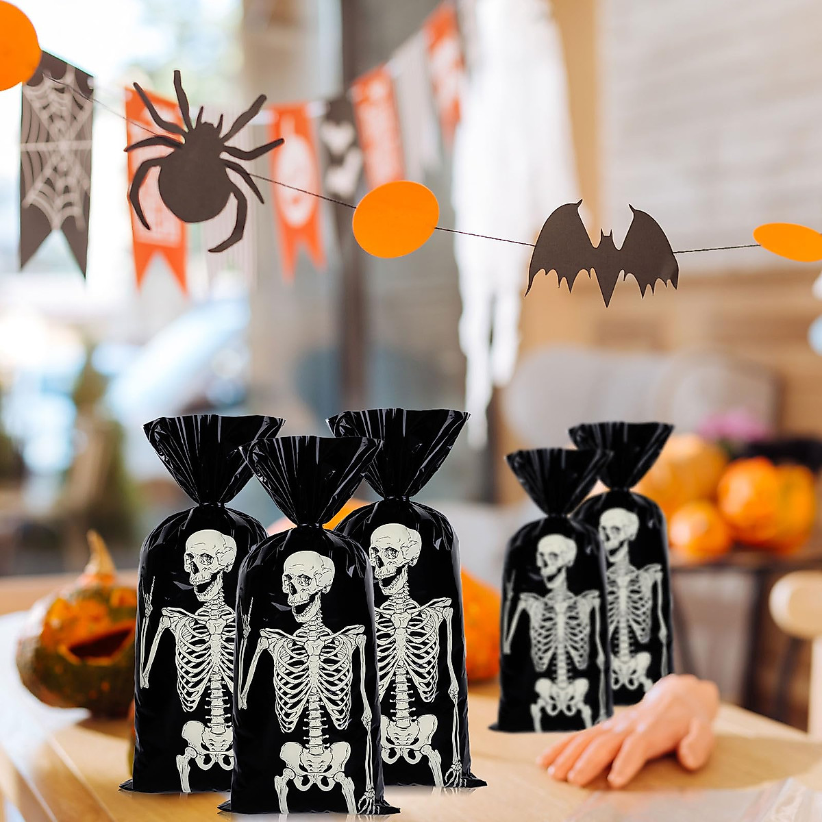 Whaline 150Pcs Halloween Cellophane Gift Bags with 200Pcs Twist Ties Funny Skeleton Party Favor Bags Candy Goodie Treat Bags for Trick or Treat Birthday Party Supplies