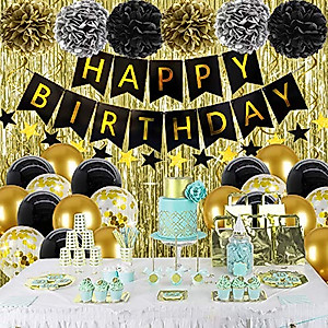 Birthday Decorations for Men,Black And Gold Party Decorations Boys Happy Birthday Decorations with Banner Birthday Party Supplies