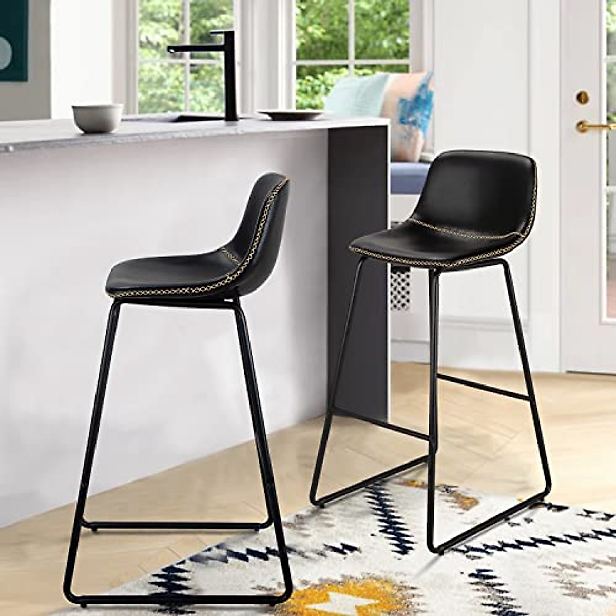 HeuGah Bar Stools,30" Bar Height Stools Set of 2,Faux Leather Bar Stools with Back,Modern Counter Stool for Kitchen Island (Black)