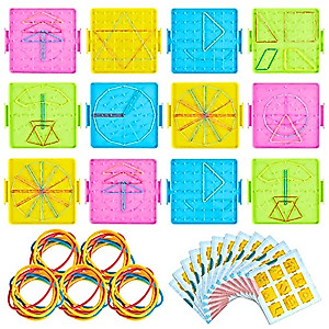 12 Pcs Double Sided Geoboard Mathematical Geoboards with Rubber Bands Math Manipulatives Toy for Geometry, 6.9 x 6.3 Inches