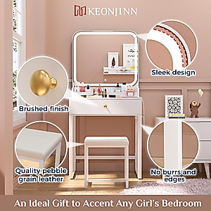 Keonjinn White Vanity Mirror with Lights, LED Makeup Vanity Desk with Large Drawer & 2 Makeup Trays & Chair, 7000 Lux Vanity Table with Lighted Mirror & Power Outlet, CRI＞90 Vanity Set for Bathroom
