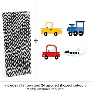 Big Dot of Happiness Cars, Trains, and Airplanes - Paper Straw Decor - Transportation Birthday Party Striped Decorative Straws - Set of 24