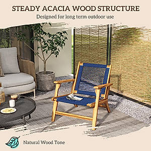 Outsunny Patio Acacia Wood Adirondack Chair, Modern Wood Fire Pit Chair with PP Rope Weave, Coconino Lounge Chair with High Backrest Support, Dark Blue