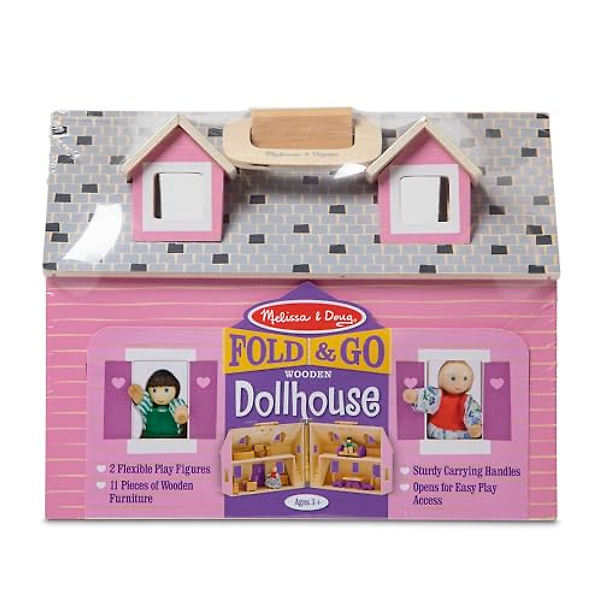 Melissa & Doug Fold and Go Wooden Dollhouse With 2 Dolls and Wooden Furniture,Multi,One Size