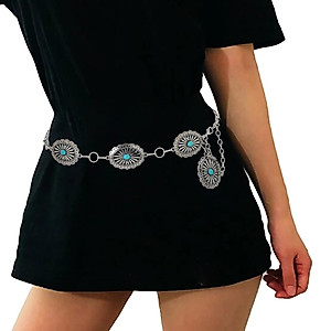 Navoky Turquoise Chain Belts Concho Belt Silver Metal Western Waist Chain Retro Boho Cowgirl Outfit Accessories for women (B, Medium)