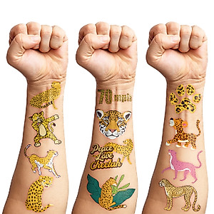 8 Sheets (96PCS) Cheetah Tattoos Temporary Jungle Theme Birthday Party Supplies Favors Decorations Tattoo Stickers For Boys Girls Gifts Classroom School Prizes Rewards
