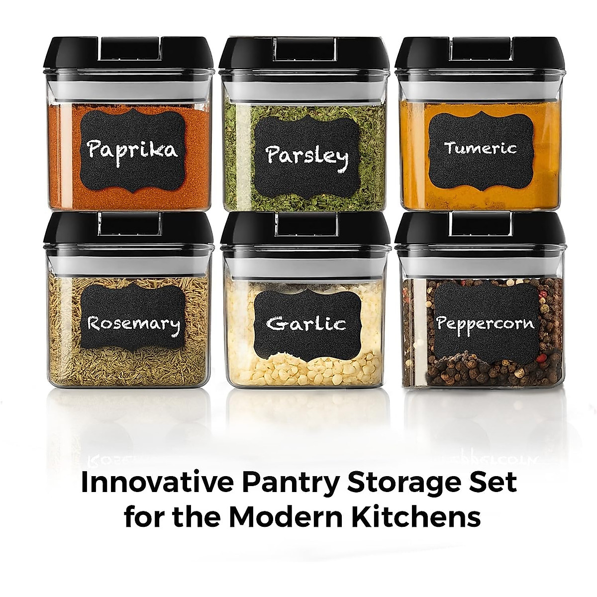 Shazo Airtight 6 Pc Mini Container Set + 6 Spoons, Labels & Marker - Durable Clear Plastic Food Storage Containers with Lids - Kitchen Cabinet Pantry Containers for Spices, Herbs, Coffee, Tea etc