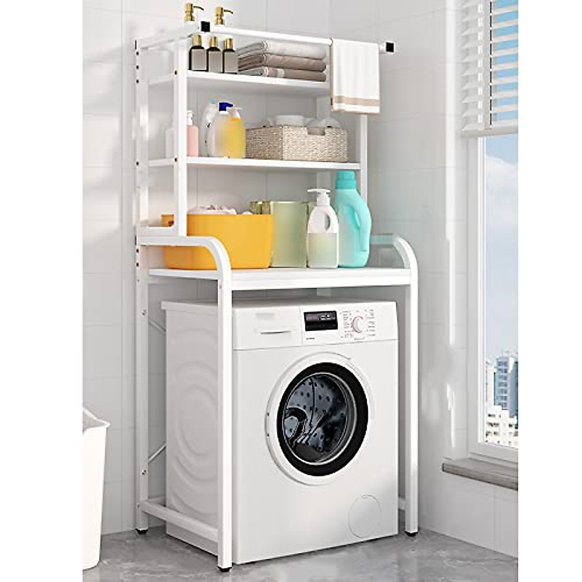 Washing Machine Rack Toilet/Washing Machine Storage Rack 3 Tier Laundry Room Shelf Above, 3 Tier Laundry Room Rack, Washer Storage Utility Rack, Adjustable Bathroom Organization Space Saving