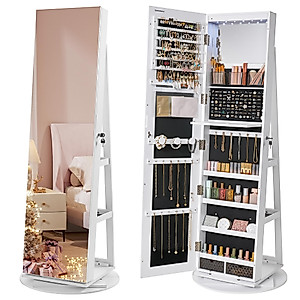 SONGMICS 6 LEDs Lockable Mirror Jewelry Cabinet, 360° Swivel Jewelry Organizer, Standing Jewelry Armoire, Frameless Full-Length Mirror, 3 Storage Shelves,Christmas Gifts, White Surface,