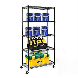 Karl home Heavy Duty 5-Tier Storage Shelving with Wheels, Adjustable Metal Shelves Wire Storage Rack for Garage Kitchen Basement,1100lbs Capacity 35.43" L X 17.72" W X 70.87" H, Black