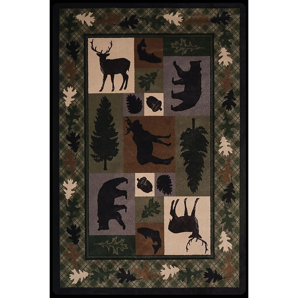 Qmkmyy Vintage Lodge Cabin Area Rug 6'x9' Hunting Bear Deer Print Rugs Rustic Wildlife Living Room Rug Country Style Leaf Carpet Low Pile Floor Mat,Black