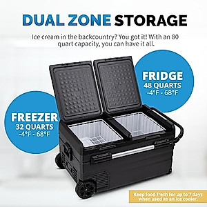 Newair Portable 80 Qt. Electric Car Camping Cooler with 4 Battery Protection Modes, Dual Zone Fridge and Freezer Storage, Retractable Handle, Outdoor Wheels and Rugged Construction