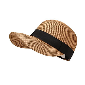 Summer Visor Hats for Women Foldable Floppy Solid Color Straw Sun Hat Travel Beach Baseball Cap (Khaki)