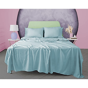 OnlineSmartDeals-100% Egyptain Cotton 3PC - 1 Flat Sheets with 2 Pillowcases 600 Thread Count Sateen Weave & Easy to Wash Twin Flat Sheet(66" x 96"), LightBlueSolid