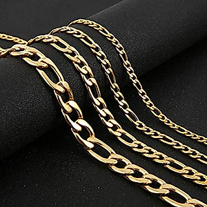 HZMAN Men Women 24k Real Gold Plated Figaro Chain Stainless Steel Necklace, Wide 3mm 5mm 7mm 9mm