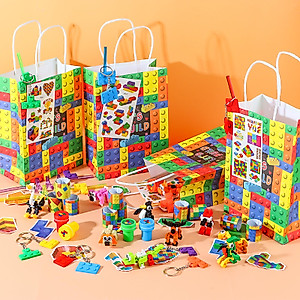 LiYiQ 134 Pcs Building Blocks Party Favors with Reusable Drinking Straws Animal Building Blocks Slap Bracelets Keychains Stamps Stickers and Gift Bags for Kids Gamer Birthday Party Supplies (Building)