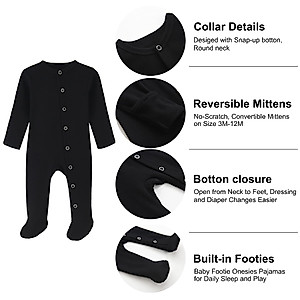 ACESTAR Newborn Baby Footed Pajamas with Mitten Cuffs - Cotton Unisex Snap-Up Baby Sleepers for Sleep and Play Footies Pjs (0-3 Months, Black)