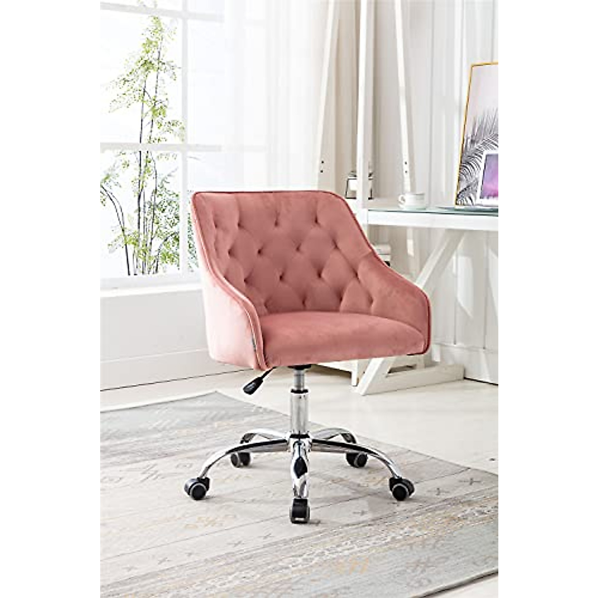 CNANXU Velvet Swivel Shell Chair with Adjustable Height,Accent Swivel Desk Chair,Modern Leisure Office Chair for Living Room (Pink)