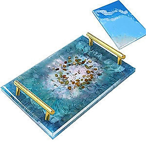 DSHE Silicone Mold Tray Geode 1pcs Agate Platter Molds and 2pcs Gold Handles, Epoxy Resin Casting Molds for Making Faux Agate Tray,Serving Board (molds with 2pcs handles)