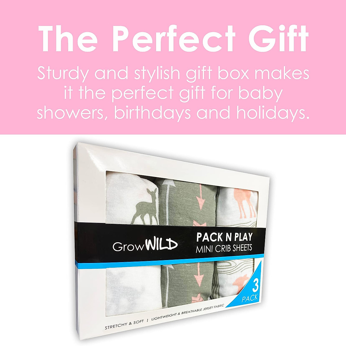 GROW WILD Pack n Play Sheets 3-Pack | Baby Mini Crib Sheets for Girls | Soft Pack and Play Mattress and Crib Bedding Set | Playard Jersey Cotton Fitted Crib Sheets | White Grey Pink Deer and Arrows