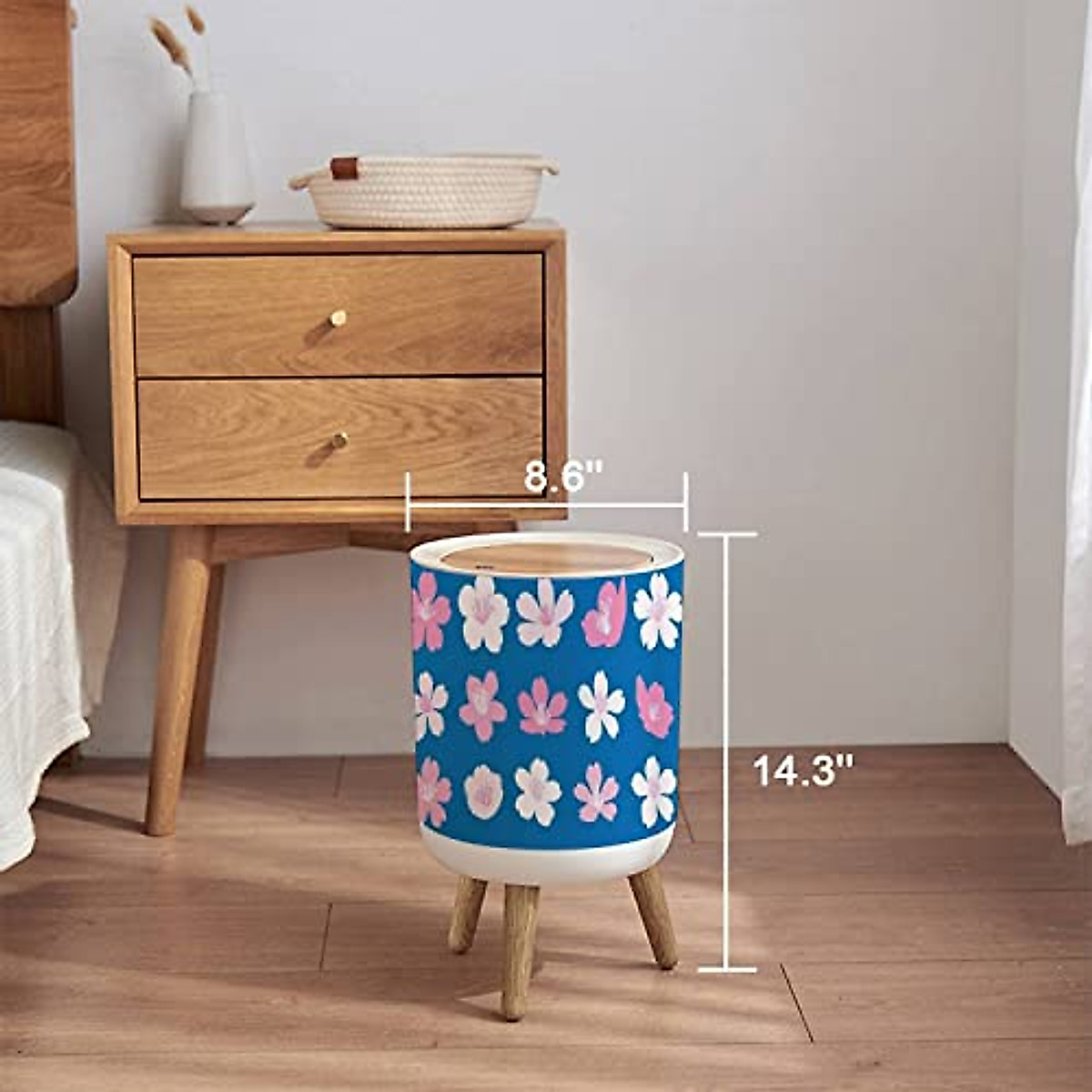 Trash Can with Lid Set of 21 Cherry Blossom Illustrations Press Cover Small Garbage Bin Round with Wooden Legs Waste Basket for Bathroom Kitchen Bedroom 7L/1.8 Gallon