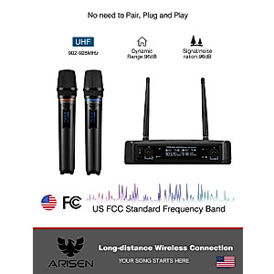 ARISEN Wireless Microphone System, Professional Karaoke Microphone UHF Dual Channel Handheld Microphone, 200ft Range Receiver and 2 Handheld Mic Set, Cordless Mic Systems for, Church, Wedding, DJ