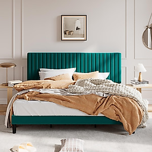 SHA CERLIN King Upholstered Platform Bed Frame with Vertical Channel Tufted Velvet Fabric Adjustable Headboard, Wooden Slats Support, Mattress Foundation, Box Spring Optional, Teal