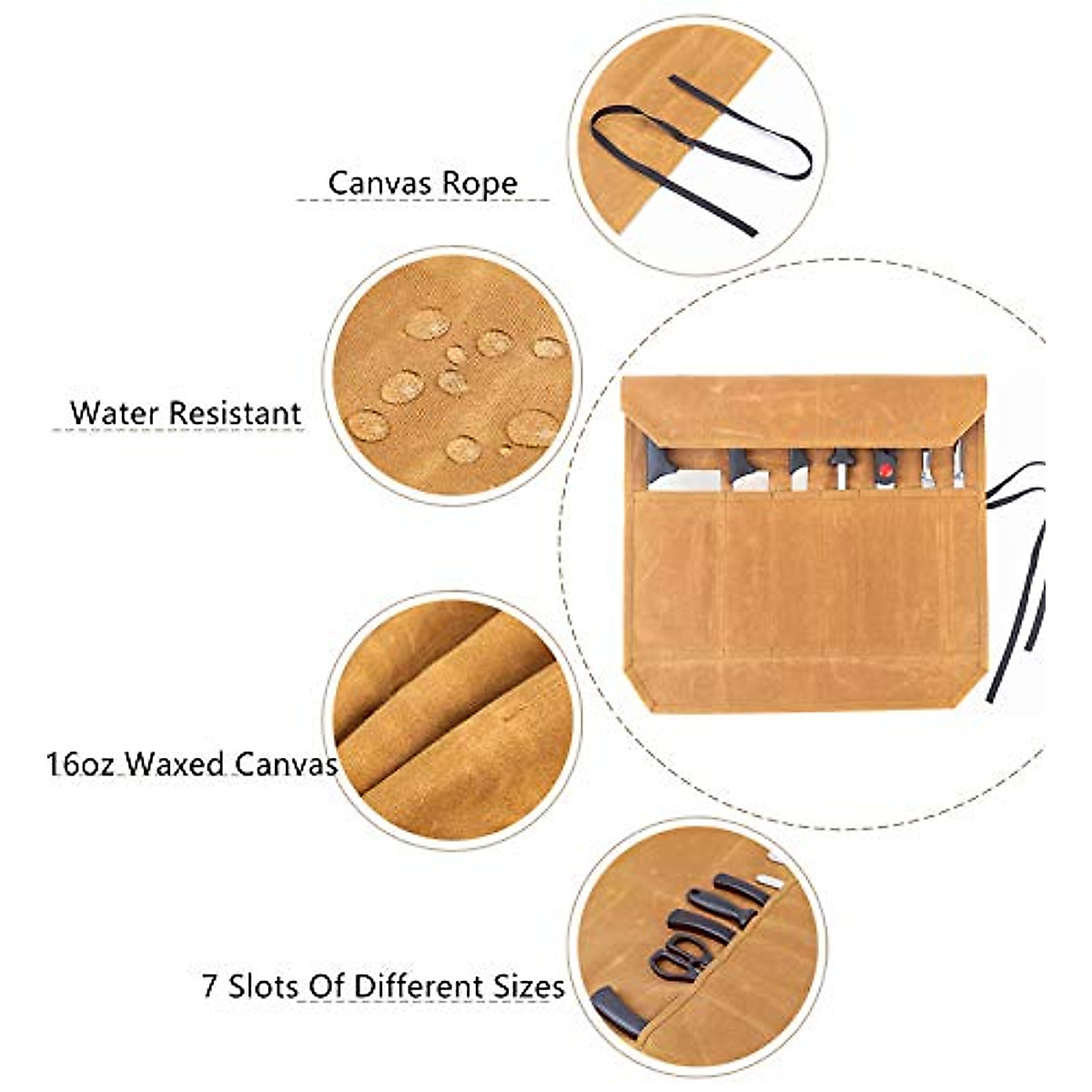 Denifiter Knife Cases Organizer-Durable Waxed Canvas Construction-7 Pockets-16 oz (Khaki)