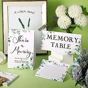 52 Pcs Greenery Eucalyptus Share a Memory Cards and Memory Table Signs Greenery Flower Seating Place Cards Funeral Celebration of Life Guest Book Card for Graduation Wedding, 3 Styles(Leaf Style)