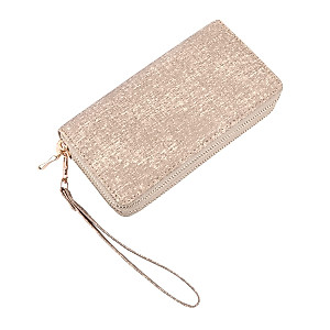 Classic Leatherette Zip Around Wallet - Vegan Leather Zipper Clutch Purse Coin Card Slots, Removable Wristlet (Double Zip Wristlet - Textured Light Brown)