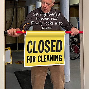 SmartSign "Closed For Cleaning" Hanging Doorway Barricade Sign, 11.25" x 18" Vinyl Sign, Spring-loaded Adjustable Aluminum Pole, Twist-To-Tighten Pole & Safety Sign Kit, Black/Yellow, Made in USA