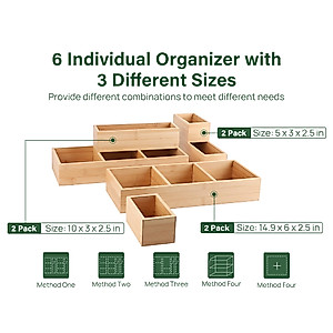 Kootek 6 Pcs Bamboo Drawer Organizer Utensil Tray Kitchen Storage Box 3-Size Versatile Dividers Cutlery Holders Bins Containers for Flatware Kitchen Utensils