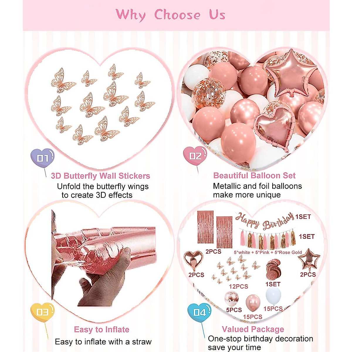 Rose Gold Birthday Party Decorations Kit for Women 73 Pieces, Happy Birthday Banner, Fringe Curtains, Butterfly Decor, Foil Balloons for 13th 16th 20th 21st 30th 35th 50th 60th Girls Men Party Supplies