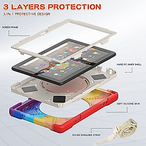 360 ° Rotation Portable Case for Fire HD 10 & 10 Plus Tablet (11th Generation, 2021 Release) Rugged Case Rotating Stand Hand Strap Shoulder Carrying Strap Outdoor Cover (Colourful Red)