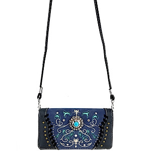 Zelris Spring Bloom Western Concho Women Crossbody Wrist Trifold Wallet (Blue)