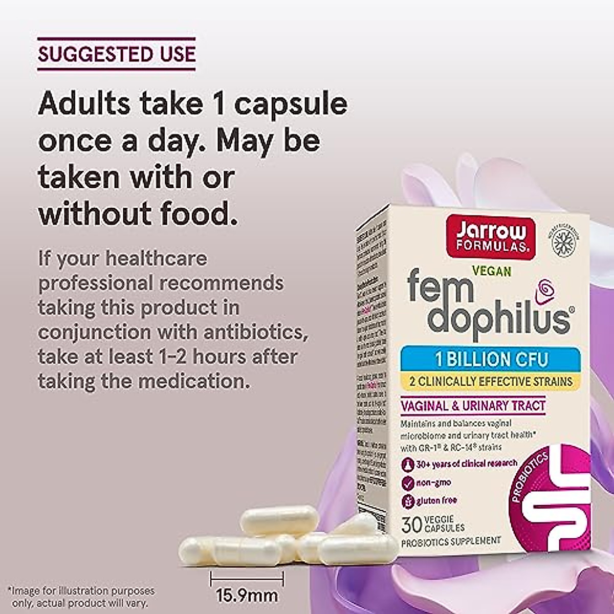 Jarrow Formulas Fem-Dophilus Probiotics 1 Billion CFU With 2 Clinically Effective Strains, Dietary Supplement for Vaginal Health and Urinary Tract Health, 30 Veggie Capsules, 30 Day Supply